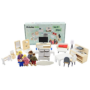 Pidoko Kids Wooden Dollhouse Furniture (33 Pcs) and 5 Family Dolls - DIY Accessories - Kitchen, Bathroom, Living Room, Bedroom