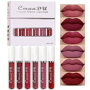 evpct CmaaDu 6Pcs Lipstick Matte Liquid Lipstick Lipgloss Set for Women, Dark Plum Wine Rose Mauve Red Nude Pink labiales mate 24 horas originales matte larga duracion 24 Hour Lipstick A-02