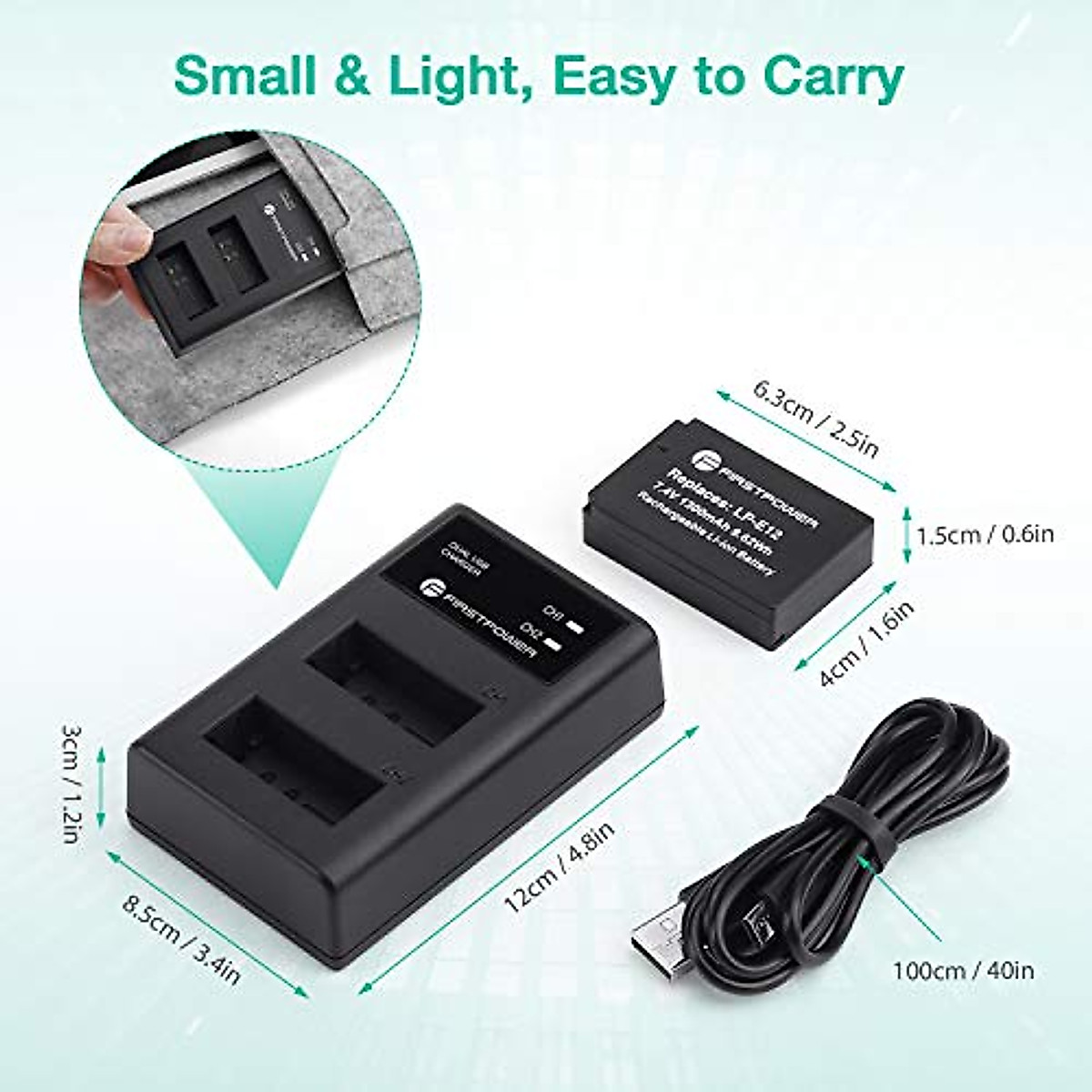 FirstPower 2-Pack LP-E12 Batteries and USB Dual Battery Charger Compatible with Canon EOS M, M2, M10, M50, M50 Mark II, M100, M200, Rebel SL1, PowerShot SX70 HS Digital Cameras