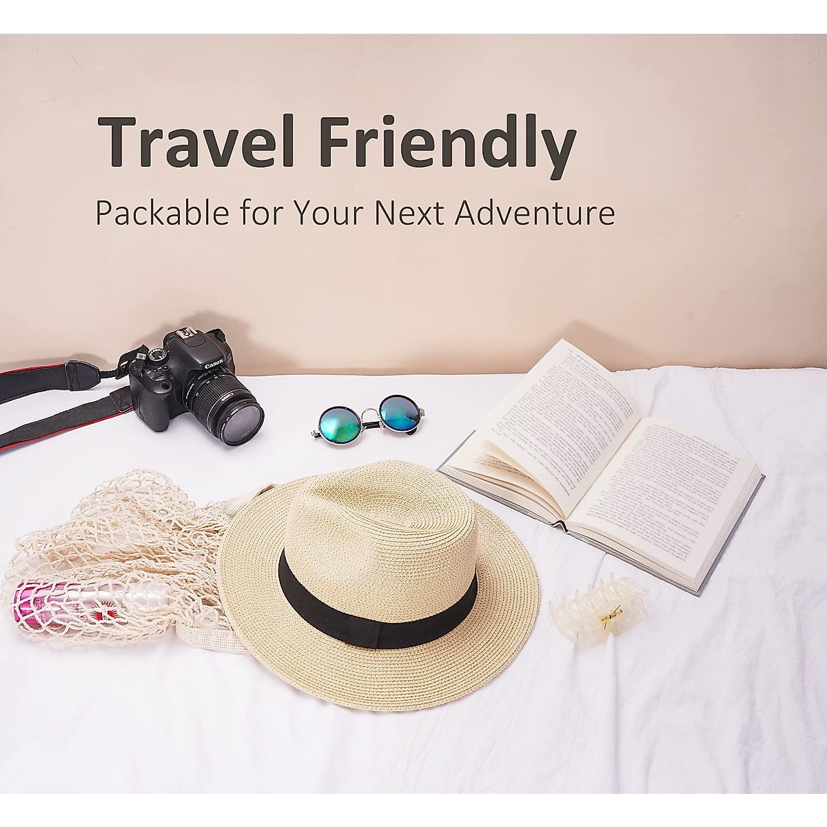 Joywant Abby Straw Sun Hat for Women with UV Protection Wide Brim Wind Lanyard,Travel Foldable Summer Beach Hat Panama Fedora-Beige