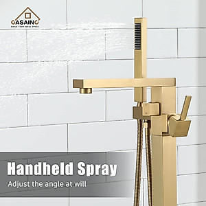 CASAINC Tub Filler Freestanding Bathtub Faucet Stand Alone Floor Mount Tub Faucet Bathtub Filler with Hand Shower and Swivel Spout, CUPC Certification, 2.7 GPM High Flow Rate Brushed Brass