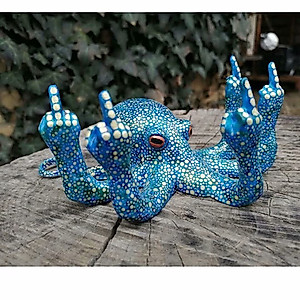 JINGBIN Octopus with Mother of Pearl Luminous Octopus with Middle Finger Novelty Gesture Octopus Art Ornaments Gift for Garden Indoor Outdoor Home Decoration Luminescent Statue Table Decor
