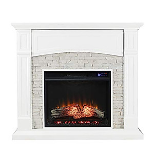 SEI Furniture Seneca Faux Stacked Stone Electric Fireplace with Hidden Media Shelf, New Crisp White