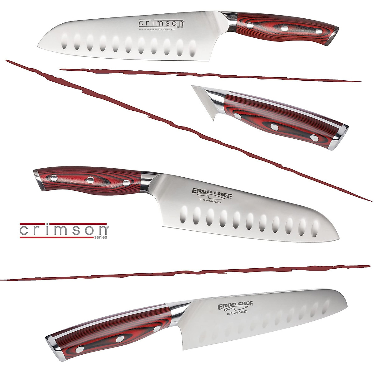 Ergo Chef Crimson Series 7" Santoku Japanese Chef Knife Forged High Carbon X50CrMoV15 German Stainless Steel - Hollow Ground Blade - G10 Handle