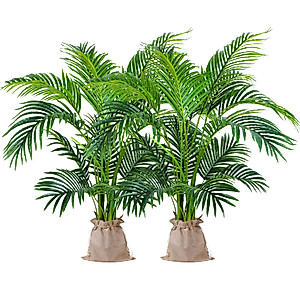 Worth Garden 4ft Artificial Areca Palm Plant 2 Packs in Pot, Fake Cane Palm Silk Tree Indoor Outdoor, Dypsis Lutescens, 47in Lifelike Faux Silk Plant Home Decor, Two Linen Bags & 20g Dry Moss Included