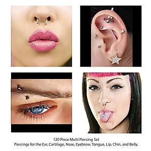BodyJ4You 120PC Body Piercing Jewelry Lot - Ear Tragus Cartilage Daith Nose Septum Lip Belly Button - 14G 16G 18G RANDOM Mix - Horseshoes Rings Barbells Studs Industrial - Unisex Male Female