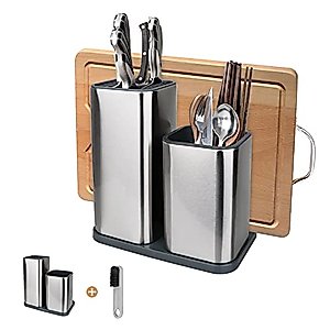 Stainless Steel Universal Knife Holder Block, Yimerlen Knife Holder Storage with Cutting Board Stand, Multifunction Knife Organizer for Kitchen Counter (with Cleaning Brush)