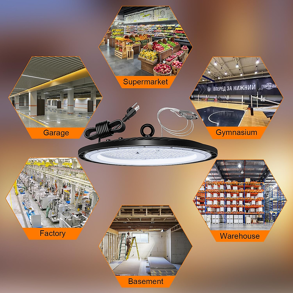 Juyace LED High Bay Light 200W 21000 LM with US Plug 5000K Daylight Shop Light IP65 Commercial Lighting for Barn Garage Warehouse Workshop Industrial Area