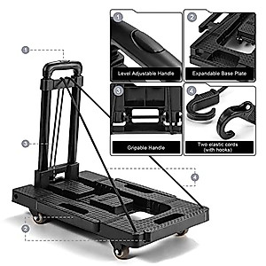Shywall Folding Luggage Cart , 200 lb Capacity Heavy Duty Luggage Cart with 5 Wheels and 2 Elastic Cords for Luggage/Garden/Office Transport, Black