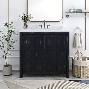 LJJDMI 36" Bathroom Vanity Cabinet Organizer with Sink, Bathroom Storage Cabinet, Combo Cabinet Set, Vintage Distressed Black