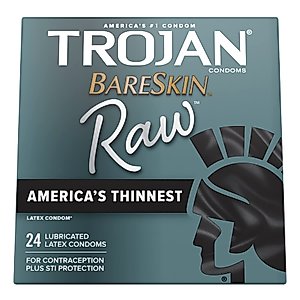 TROJAN BareSkin Raw Thin Condoms, Lubricated Condoms For Men, America’s Number One Condom Brand, 24 Count Pack