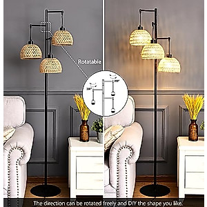 QIYIZM Floor Lamp for Living Room,Bedroom,3-Lights Boho Rattan Floor Lamps,Tree Farmhouse Industrial Black Standing Lamp Wicker Rustic Adjustable Tall Lamp,Woven Bamboo LampShade Floor Light Bohemian