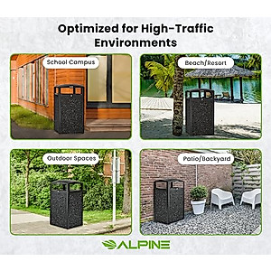 Alpine Indoor & Outdoor Commercial Trash Can with Lid - 40 Gallon Heavy Duty Metal Garbage Can with Removable Bin, Locking Lid for a Modern Look in Patio, Pool, Deck, Office Black, Grey Stone Panels