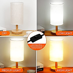 ALOTUS Table Lamp for Bedroom - 12W Bedside Lamps for Nightstand, Solid Wood Night Stand Light Lamp with Round Flaxen Fabric Shade for Living Room, Dorm, Home Office (LED Bulb Included)