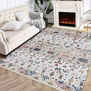 GlowSol Boho Area Rug 8x10 Washable Rugs Large Moroccan Rug Non-Slip Non-Shedding Rug Tribal Print Floor Carpet Soft Distressed Carpet Foldable Rug Bedroom Dining Room Office Farmhouse
