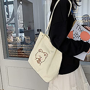 Corduroy Totes Bag Women Girls Corduroy Shoulder Bag Cute Cartoon Embroidery Casual Shoulder Tote
