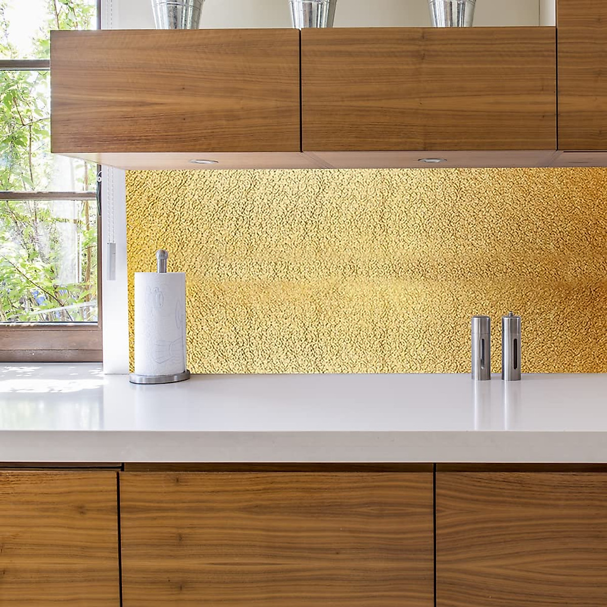 Kitchen Backsplash Wallpaper, 15.7'' x 196.8'' Aluminum foil Stickers Contact Paper, Self-Adhesive Oil Proof Heat Resistant Wall Sticker for Countertop Drawer Shelf Liners (Gold)