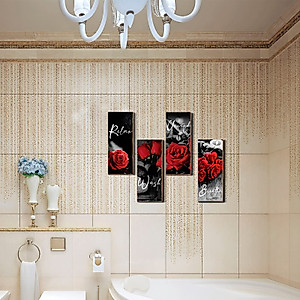 Set of 4 Rose Bathroom Wall Art Wooden Flower Restroom Decor Rustic Romantic Floral Farmhouse Bathroom Wall Decor Modern Breathe Wash Unwind Relax Sign for Living Room Home Decor, 10 x 4 Inch (Red)