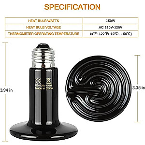 Simple Deluxe Ceramic Heat Emitter Reptile Heat Lamp with Digital-Thermometer, for Pet Brooder Coop Chicken, Dragon Turtle Lizard Snake Aquarium Tank, 150W Black