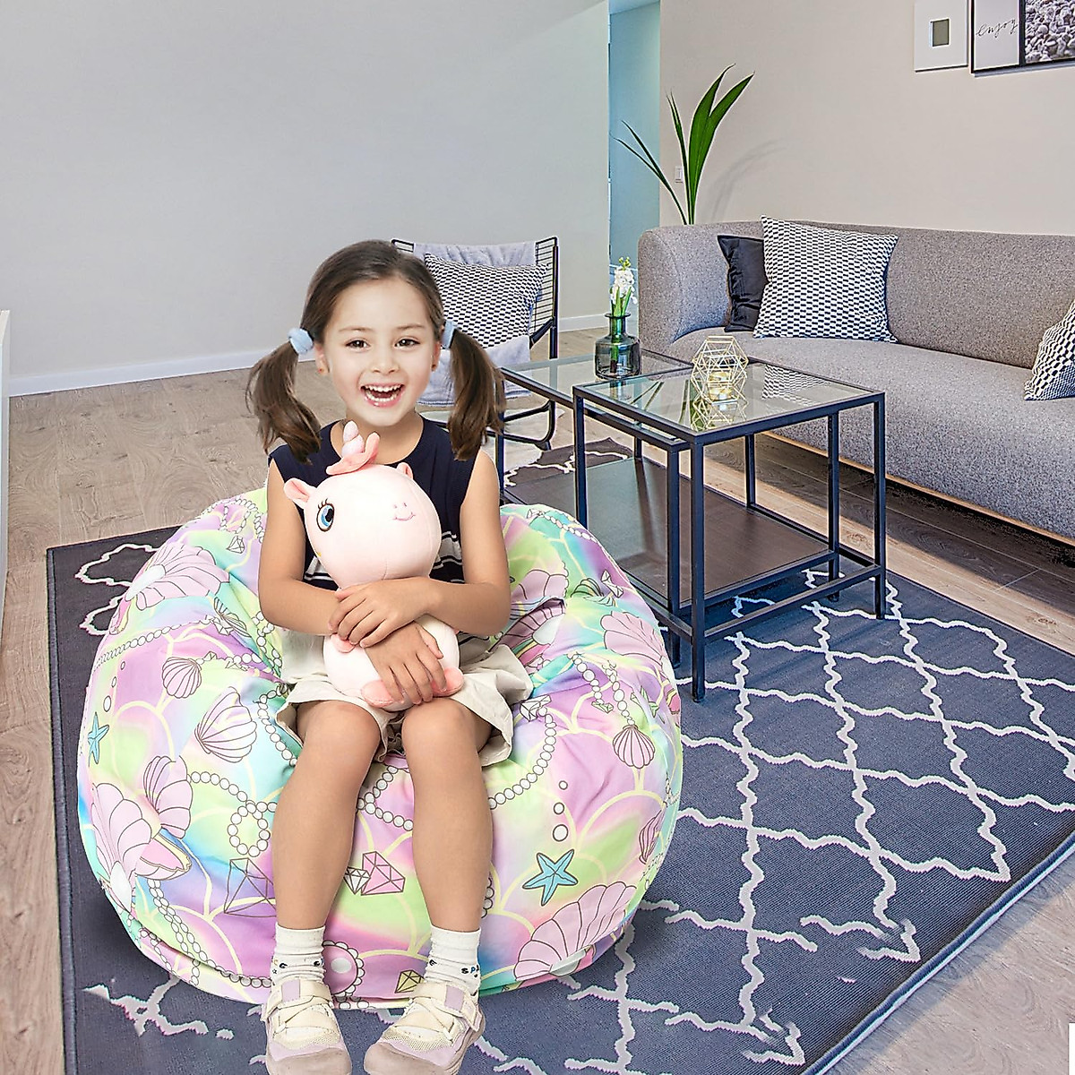 LOLOMLO Stuffed Animal Storage Bean Bag Chair Cover, Hold Kids Plush Toys Blankets Towels Beanbag (Cover Only), Canvas Floor Circle Stuff Sit Seat Sofa with YKK Zipper, Large 32", Pink Shell