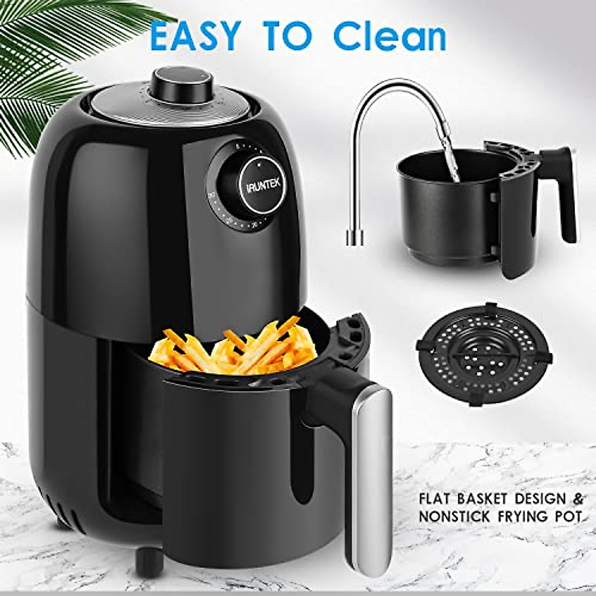 iRUNTEK Small Mini Air Fryer, 1.3Qt Compact Air Fryer with Recipe Book and 50pcs Parchment Paper Liners, User Friendly, Dual Knob Control, Non-Stick, Black