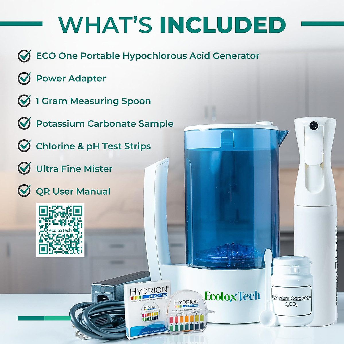 Ecoloxtech Eco One Electrolyzed Water System - Portable Hypochlorous Acid Generator - with Chlorine & pH Test Papers - HOCL Hypochlorous Mist - Sodium Hypochlorite Generator
