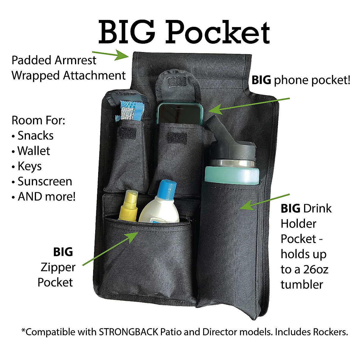 STRONGBACK Patio and Director Chair Upgrade Cup Holder and Multi Pocket; Room for Phone, Water Bottle, and Sundries