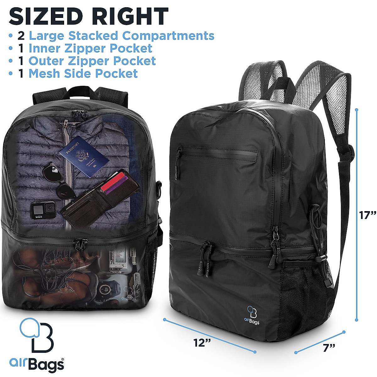 AirBags 25L Packable Back-pack, Ultra Lightweight-Day-pack for the Gym, Carry On Back-pack, Water Resistant Foldable-Bag, Traveler Hiking-Gift, Back-pack for Traveling, Outdoor Collapsible Back-pack