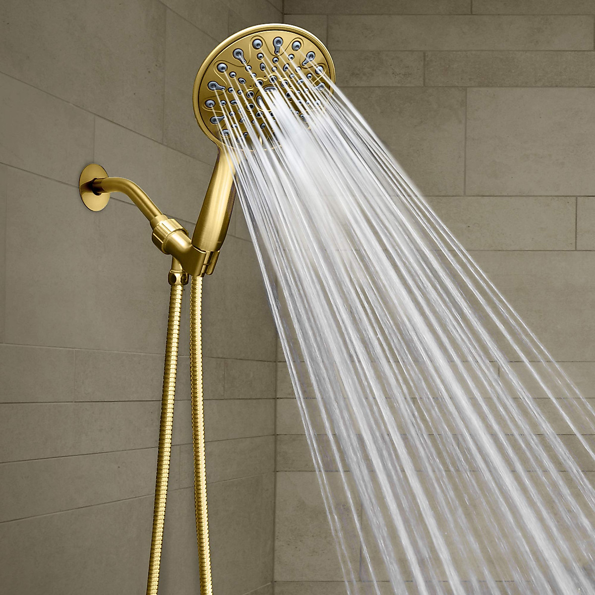 ShowerMaxx, Elite: ImperialShine Gold Finish Hand Held Rain Shower Head, Large 6 inch 6 Spray Settings Handheld Rainfall Showerhead with Long Stainless Steel Hose, (Polished Brass/ImperialShine Gold)