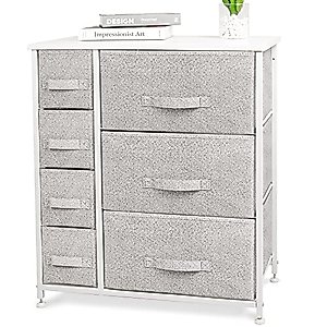 CONNOO 7 Drawer Dresser Storage Tower, 4-Tier Vertical Organizer Unit Chest for Bedroom, Hallway, Entryway, Closet, Nursery, Sturdy Steel Frame, Wooden Top, Easy Pull Fabric Bins, Gray/White