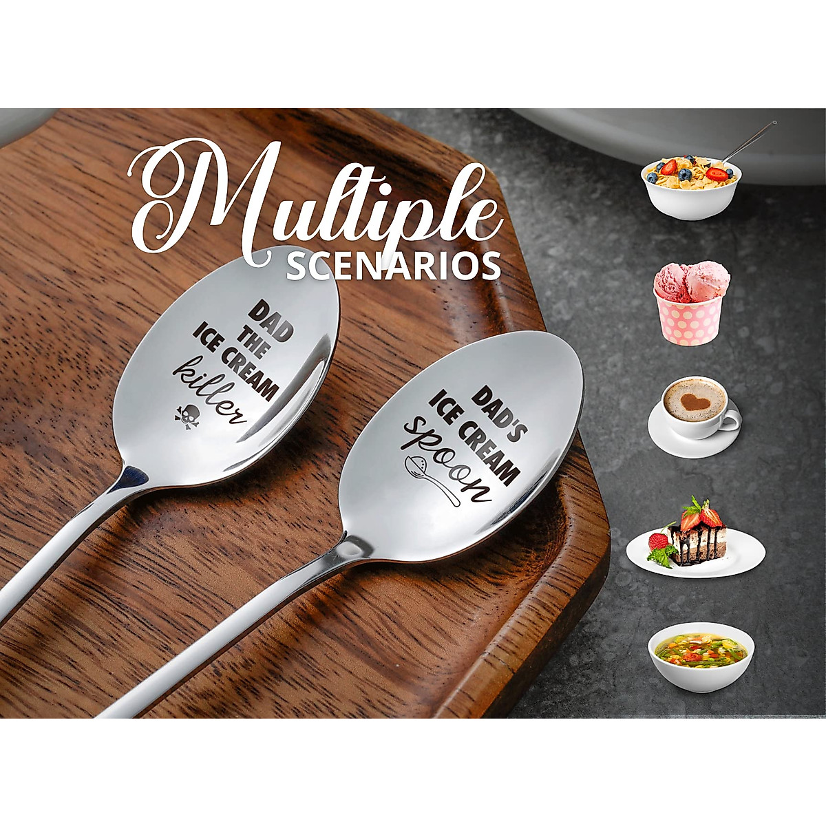 Dads Ice Cream Spoon, 2 Pcs Stainless Steel Coffee Spoons Set, Gifts for Dad on Birthday/Christmas/Thanksgiving, Gift Ready Package, DAD THE ICE CREAM KILLER