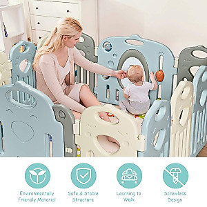 CHEFJOY Baby Playpen Kids 14 Panel, Safety Yard Activity Center, Door with Safety Lock & Lovely Toys, Portable HDPE Indoor Outdoor Play Fence with Non-Slip Rubber Suction Cup