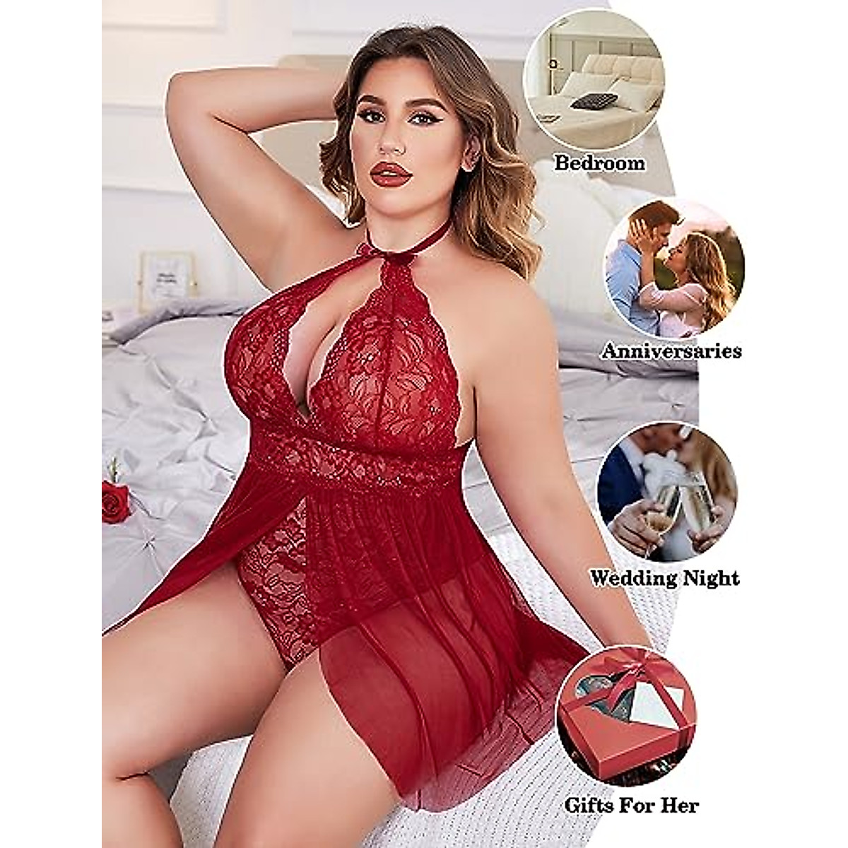 Avidlove Plus Size Lingerie for Valentines Women Lace Babydoll Chemise Nightgown Mesh Nightwear Side Slit Nightie L~4XL (Wine Red, XXX-Large)