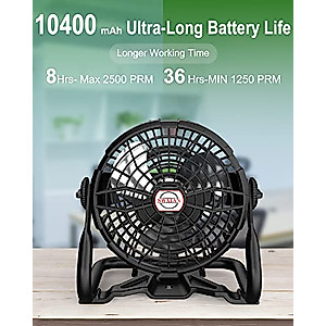 SWXIAN Camping Fan with Battery Operated, 10400mAh 8-Inch Rechargeable Outdoor Tent Fan, Stepless Speed and Quiet USB Battery Powered Fan for Picnic, Barbecue, Fishing, Travel (Black)