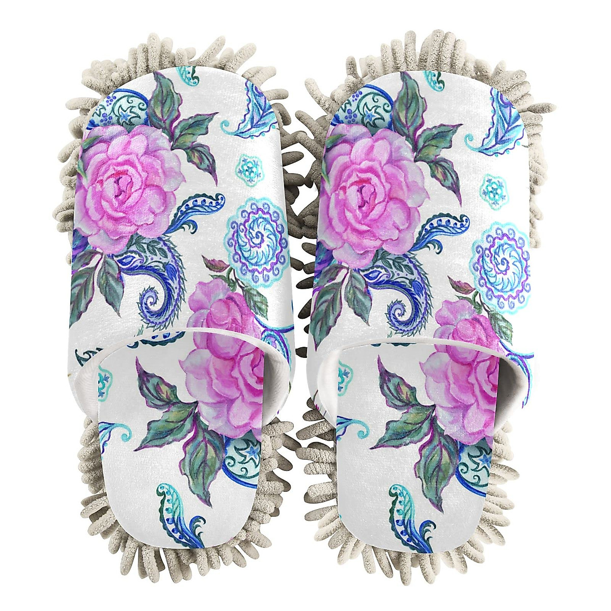 Roses Paisley Mop Slippers Shoes Cover for Floor Cleaning Washable Dirty Dust Hair Cleaners Microfiber Mop Socks for Kitchen House Office