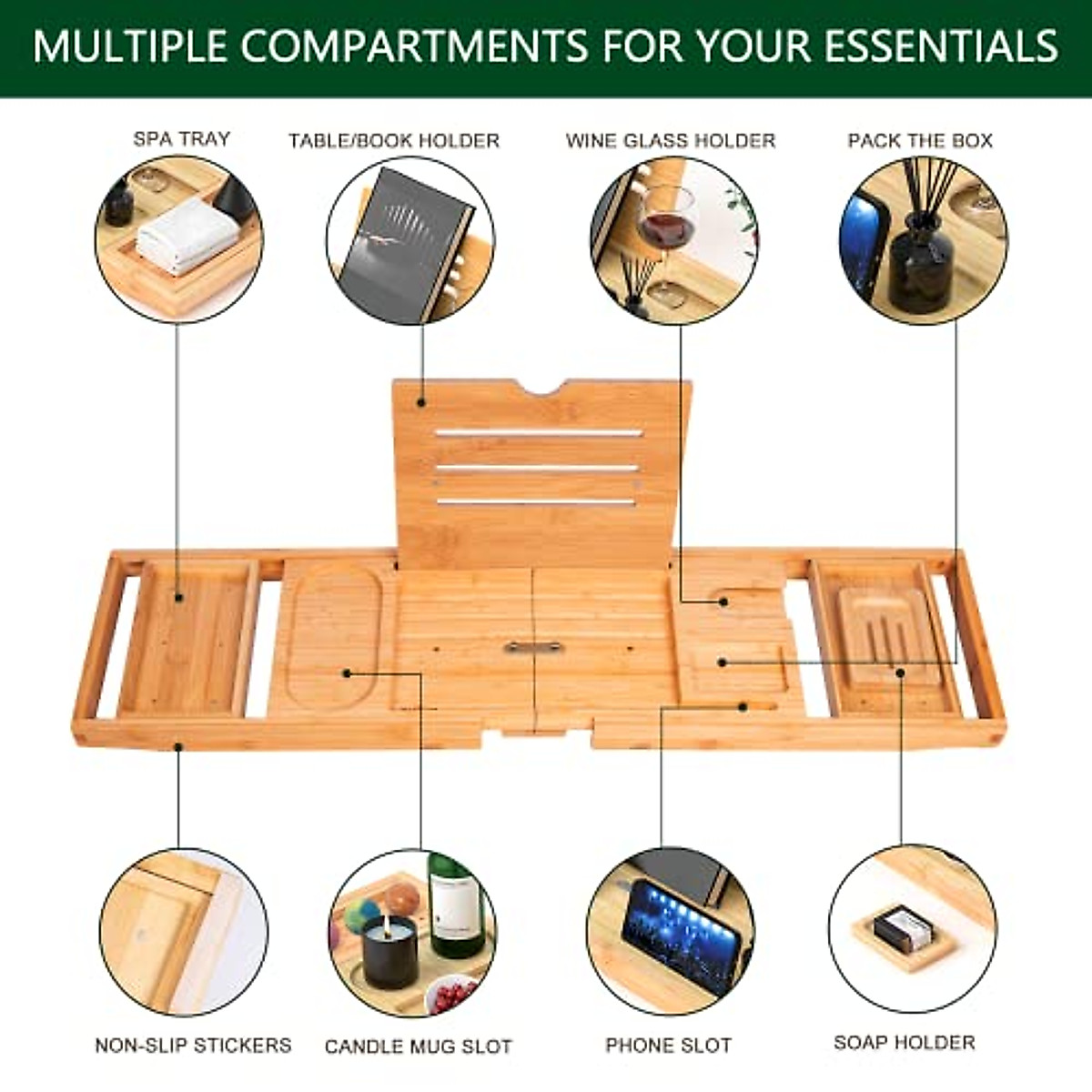 Bathtub Tray Caddy Bamboo 41" Longest Extended Length+ Gifts for Mom Lavender Scented Candles Bundle Green Jar