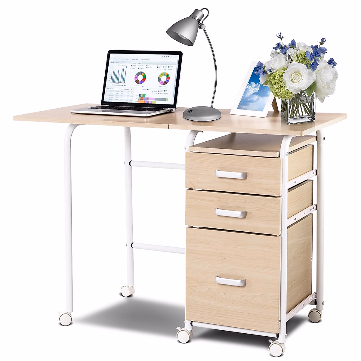 Foldable Computer Laptop Desk w/ 3 Drawers, Wheeled Laptop Desk with Metal Frame, Space Saving Folding Desk with Rolling Wheels for Home Office Small Space (Natural)