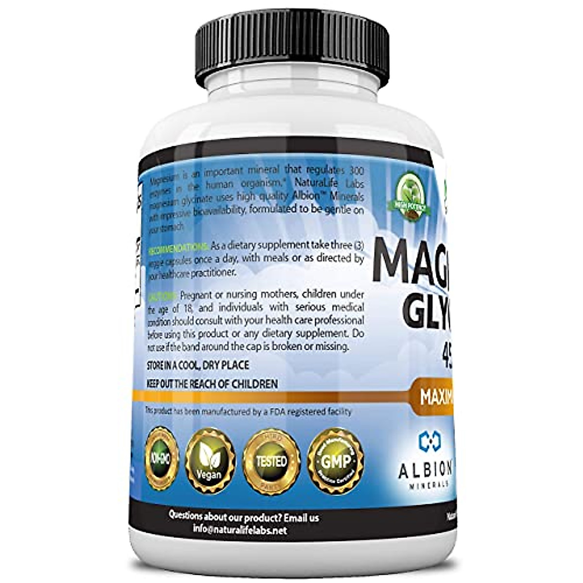 Magnesium Glycinate 450 MG Albion Minerals TRAACS Maximum Bioavailability Chelate No Laxative Effect Vegan Helps Function of Muscles, Bones, Heart Non-GMO