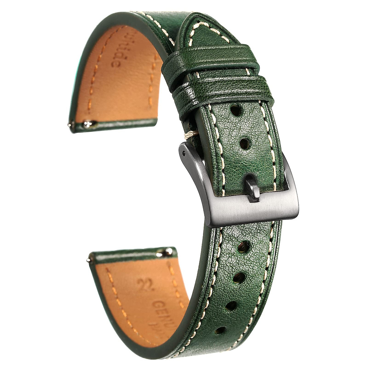 torbollo 22mm Leather Watch Bands, Quick Release Soft Green Watch Strap for Men Genuine Leather Replacement Wrap