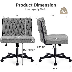 HForesty Criss Cross Legged Office Desk Chair with Wheels, Modern Armless Desk Chair with Wide Seat, Home Office Chair for Work, Meditation, Vanity, Grey