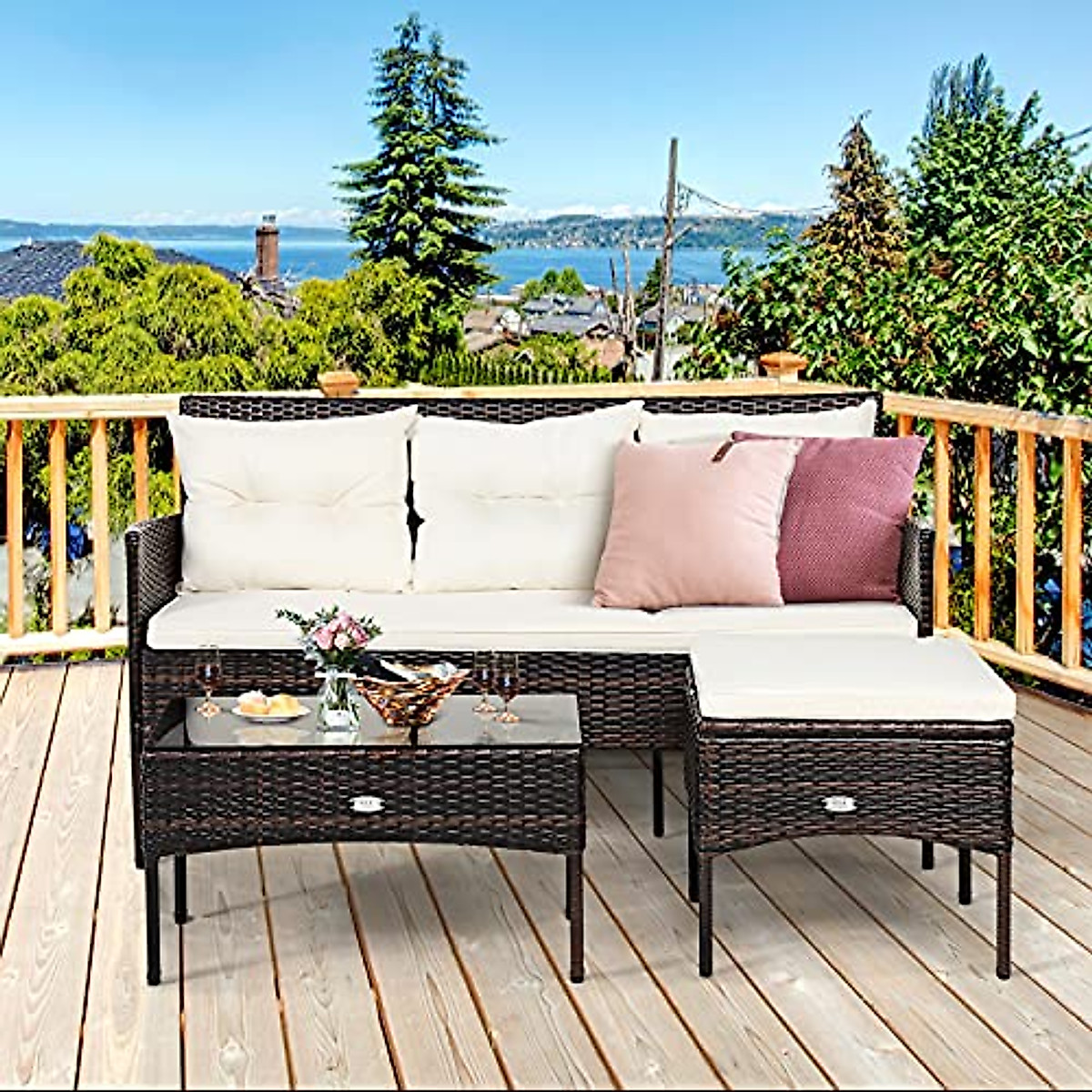 Tangkula 3 Pieces Patio Conversation Set, Outdoor PE Rattan Wicker Furniture Set W/Cozy Cushions, All Weather Sectional Sofa Set W/Tempered Glass Coffee Table for Poolside, Backyard, Garden