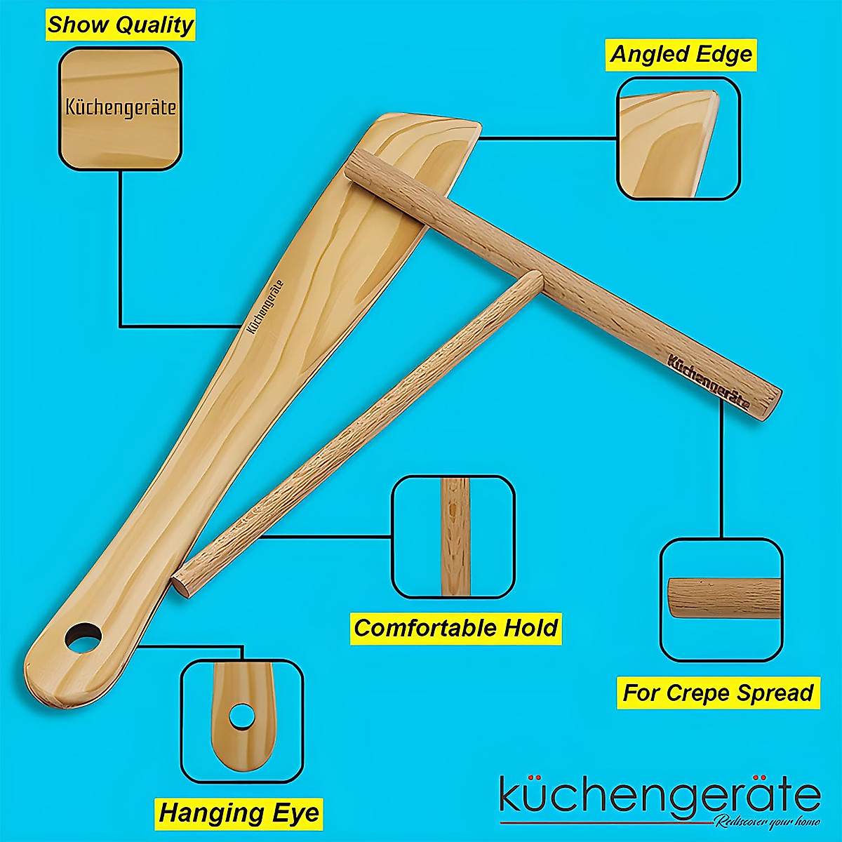 Kuchengerate Set of 2 7" inc Crepe Spreader Stick & 12" inc Spatula Turner - T Shaped Structure - Handmade Natural Beech Wood - No Paint No Polish - Kitchen Decoratives - Best Gift Set Idea