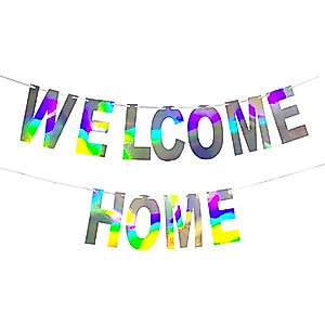 Holographic WELCOME HOME Banner Decorations Sign, Iridescent Hanging Bunting String Flag Garland for Deployment Homecoming, Graduation Ceremony, Family Reunion, Military Homecoming Party