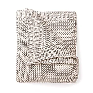 MakeMake Organics Organic Throw Blanket GOTS Certified Organic Cotton Blanket Chunky Knit Super Soft Cozy Fall Winter Large Adults Throw Blanket (50x60, Shell)