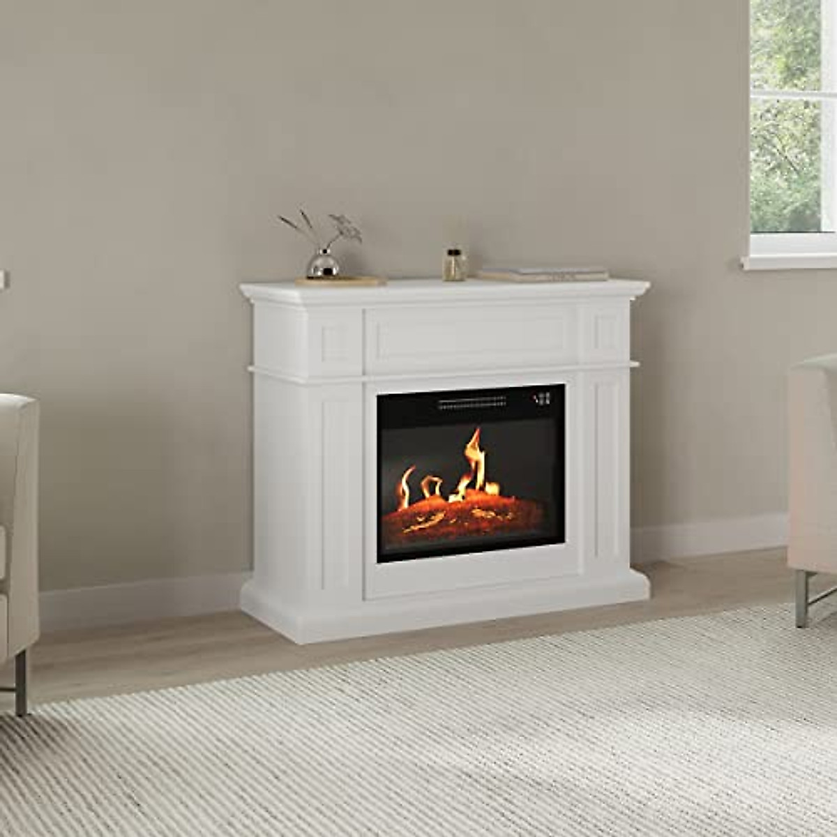 Electric Fireplace with Mantel - Freestanding Heater with Remote Control, Adjustable LED Flames and Faux Logs - Living Room Decor by Northwest (White)