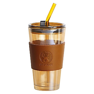 JUMPINJOK 15oz Glass Coffee Tumbler with Straw and Lid Sealed Carry on, Glass Iced Coffee Cup, Leak-Proof Glass Tumbler Cup, Reusable Smoothie Mugs for Cold & Hot Drinks, Coffee, Tea, Shake (Amber)