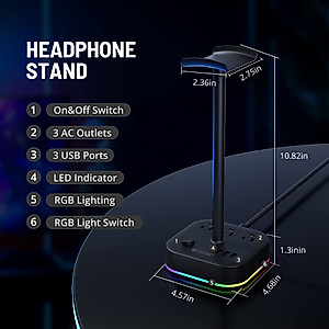 TROND Headphone Stand with USB Charger, Desk Gaming Headset Holder with 3 USB Charging Ports and 3 AC Outlets, RGB Headphone Hanger with 5 Light Modes, for Desk Accessories, Gamer Gifts