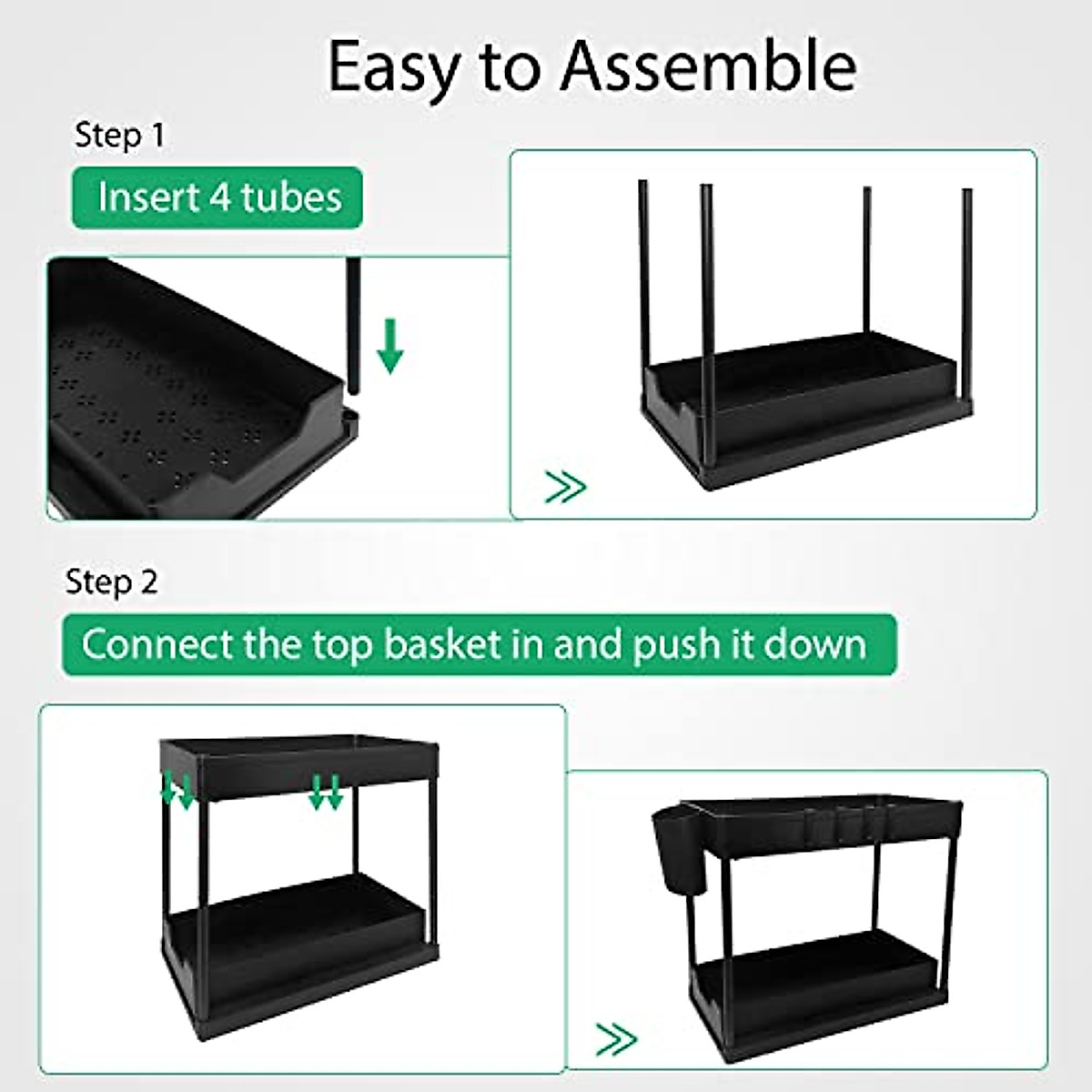 Under Sink Organizers and Storager,Under the Sink Organizer Kitchen Sink Organizer with Hooks, Hanging Cup,2-Tier Multi-purpose Holywarm Under Sink Organize,Bathroom Organizer, 2 Pack