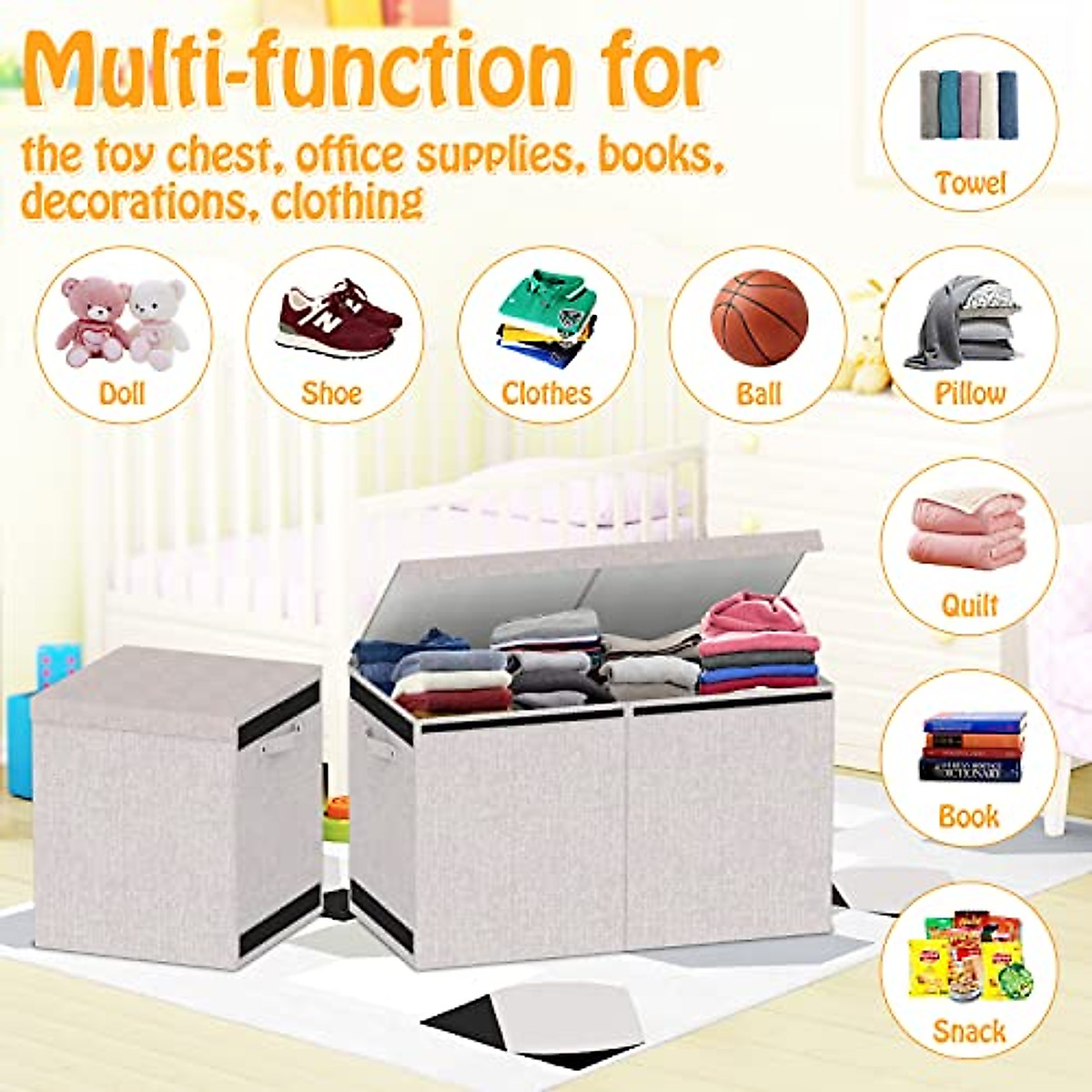 pasanba Large Toy Box, Collapsible Large Toy Chest for Kids with Lid and Handles, Toy Storage Organizer for Boys, Girls, Nursery, Play Room, Bedroom, 40.2 * 15.7 * 13.9 In,150L(Grey)