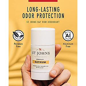 St Johns Bay Rum Aluminum Free Deodorant | Long-Lasting, Odor Resistant, & Soothing | Clear Deodorant Stick | Odor-Free Deodorant Made of Natural Compounds | Mens Bay Rum Deodorant (2.6 oz Stick)